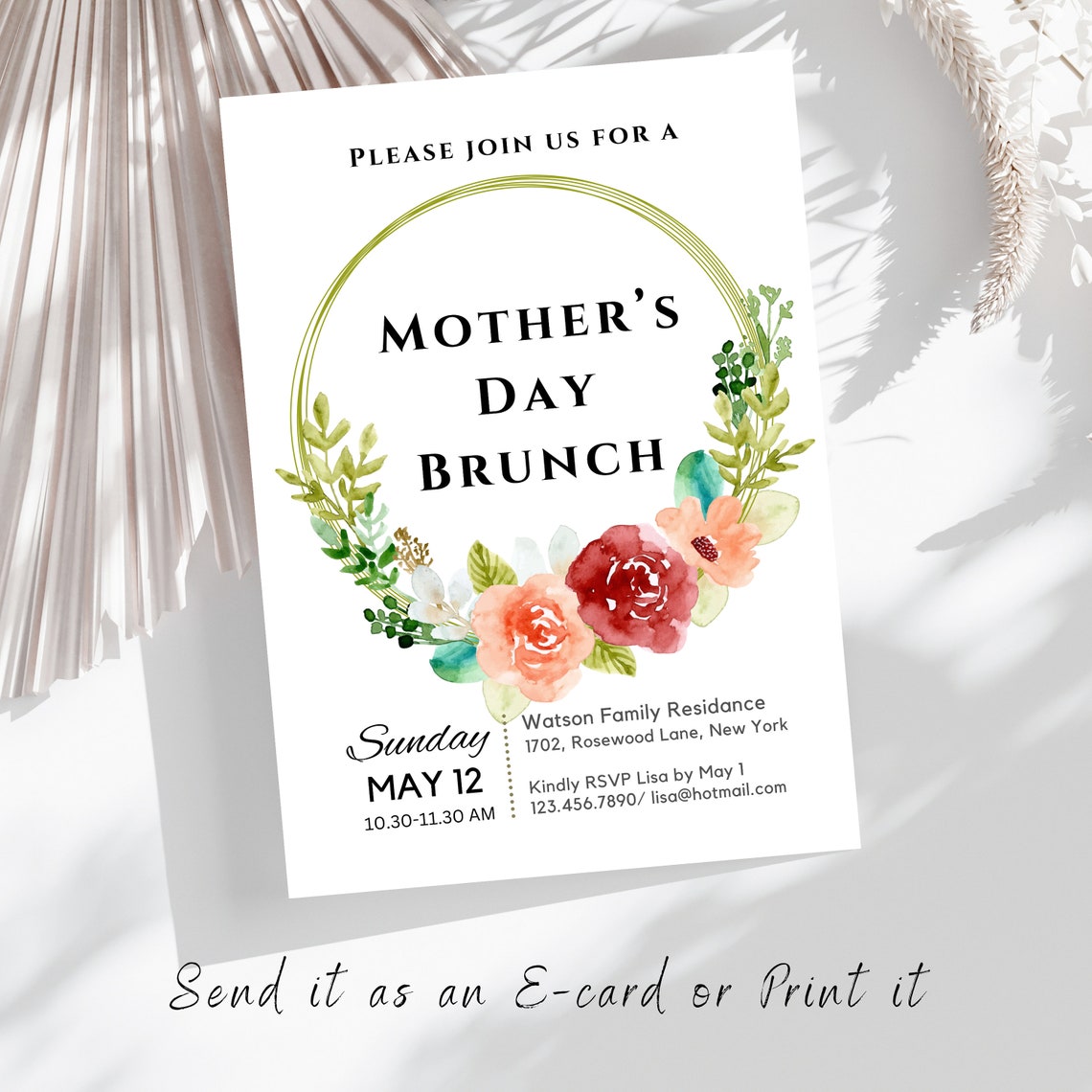 Mothers Day Brunch Invitation Template Floral Wreath Mothers Day ...