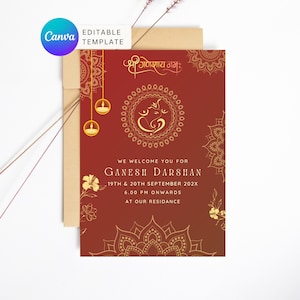 Printable Ganesh Darshan Invitation Card Template Canva Editable Ganesh ...