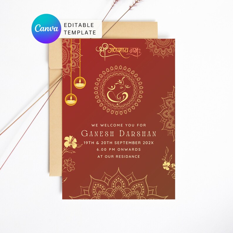 Printable Ganesh Darshan Invitation Card Template Canva Editable Ganesh ...