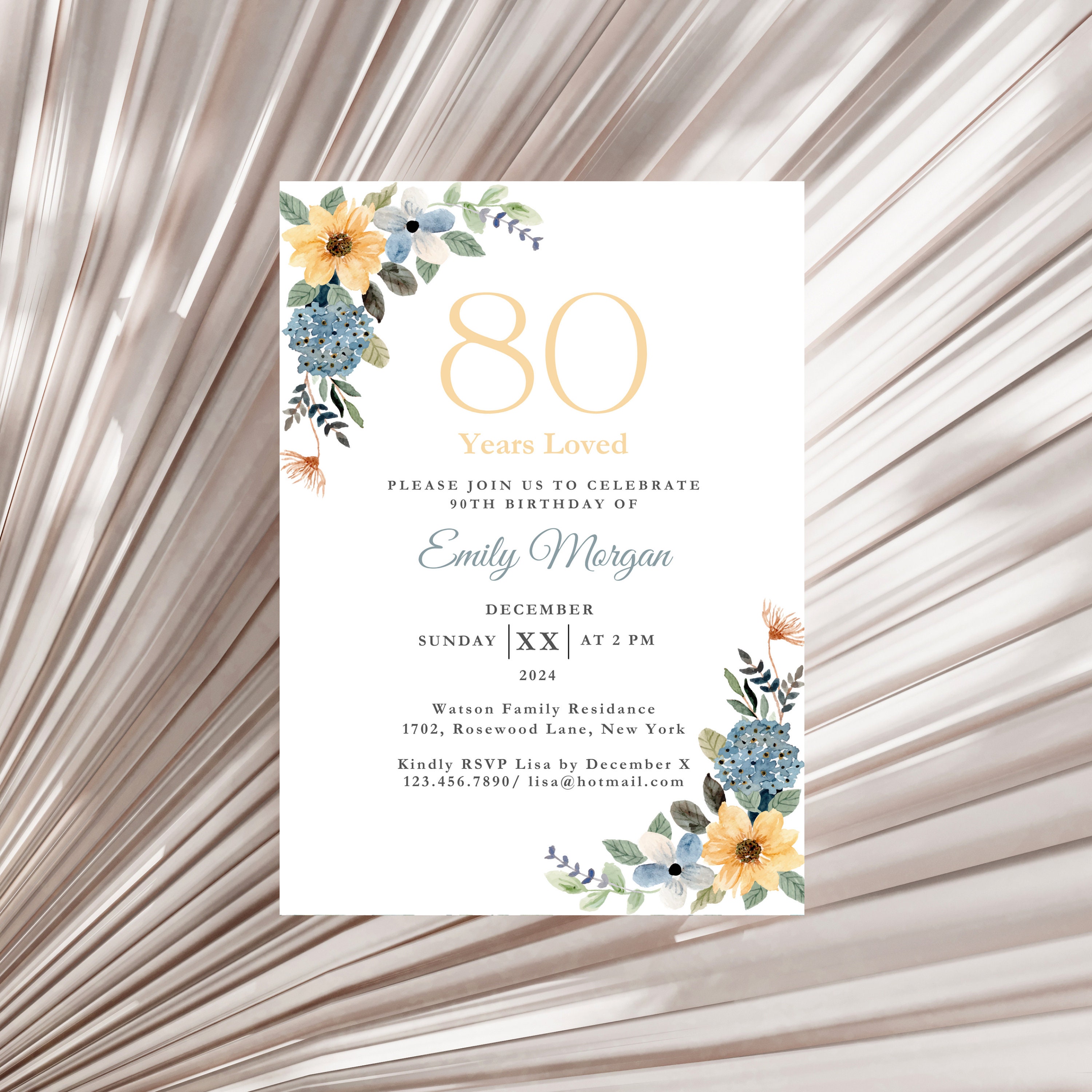 80th Birthday Invitation, Floral Yellow Eightieth Card E-invite 5X7 ...