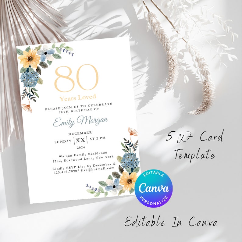 80th Birthday Invitation, Floral Yellow Eightieth Card E-invite 5X7 ...
