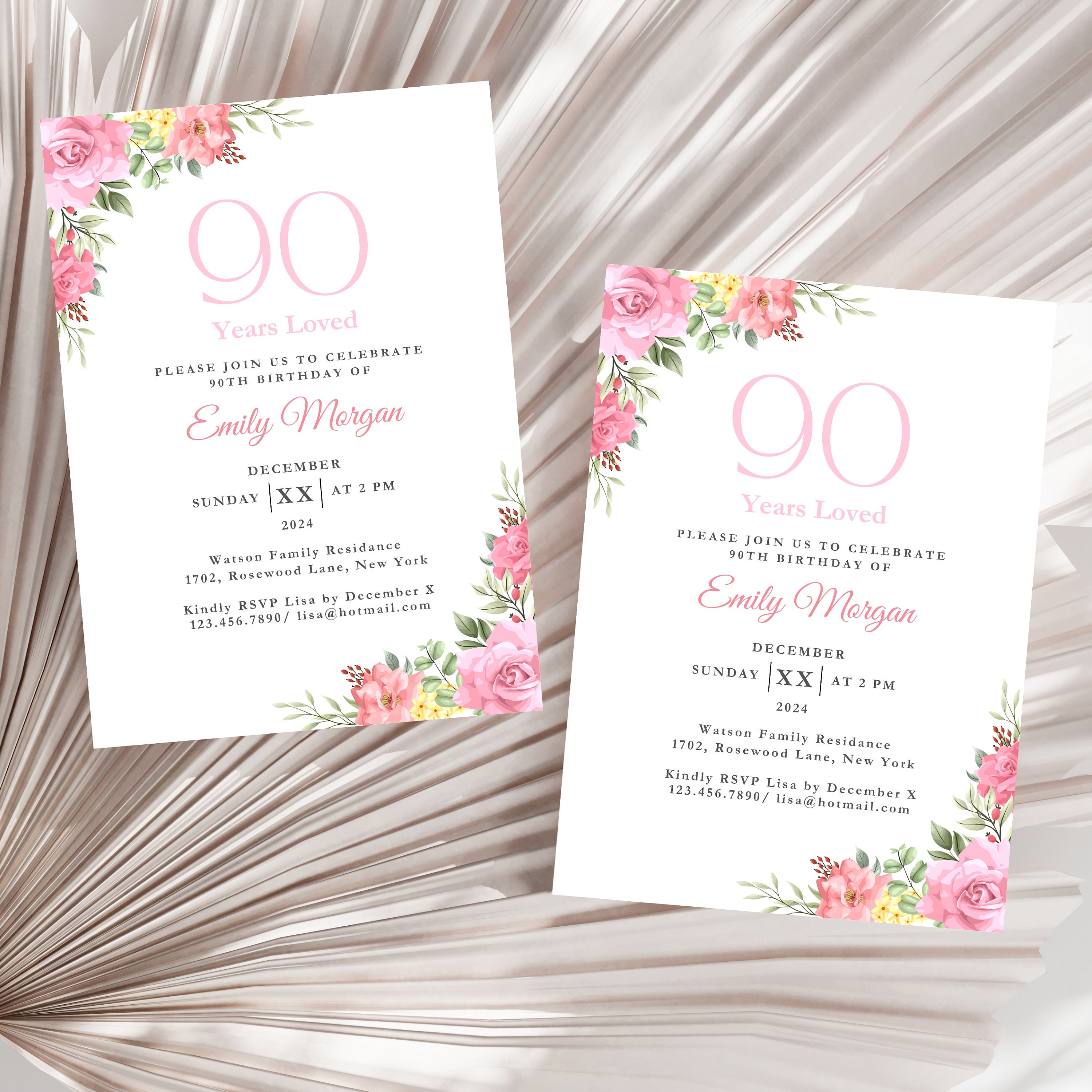 90th Birthday Invitation, Pink Floral Ninetieth Birthday Card Invite ...