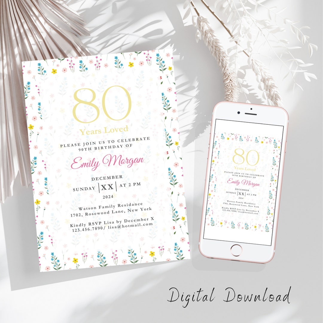 80th Birthday Invitation, Floral Pink Eightieth Card E-invite 5X7, 80s ...