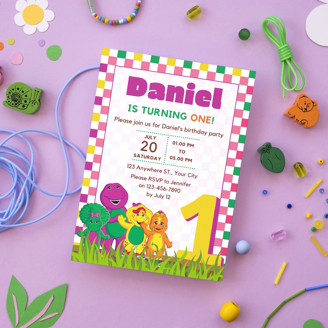 Barney Invitation Purple Dinosaur First Birthday 5X7 Card DIY Canva ...