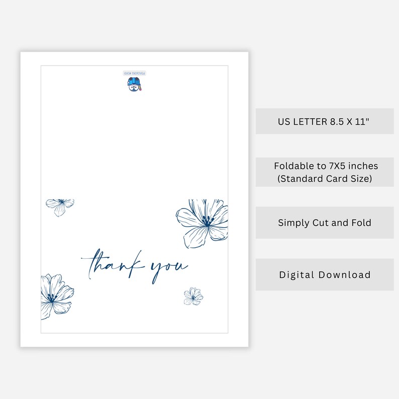 Blue Floral Thank You Card Printable Thank You Note Wildflower Thank ...