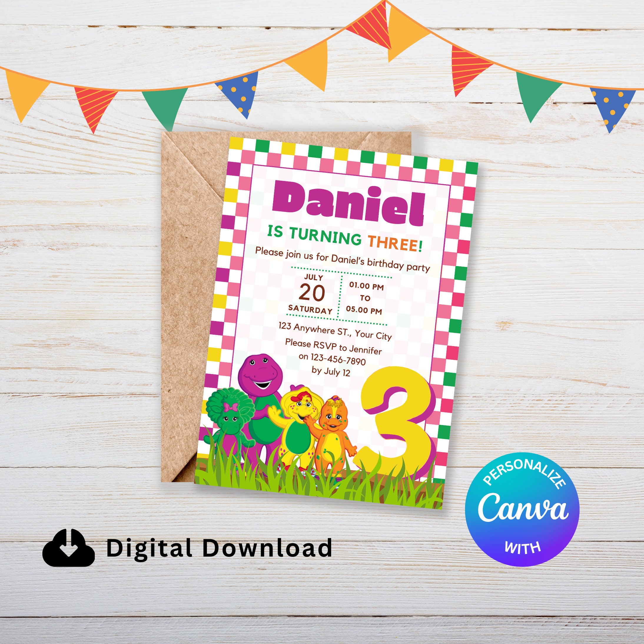 Barney Invitation Purple Dinosaur Third Birthday 5X7 Card DIY Canva ...