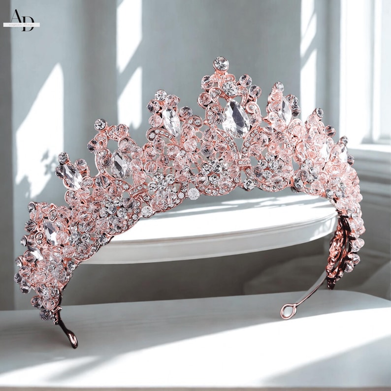 Champagne Gold Pink Rhinestone Bridal Tiara, Pink Crystal Hair Piece ...