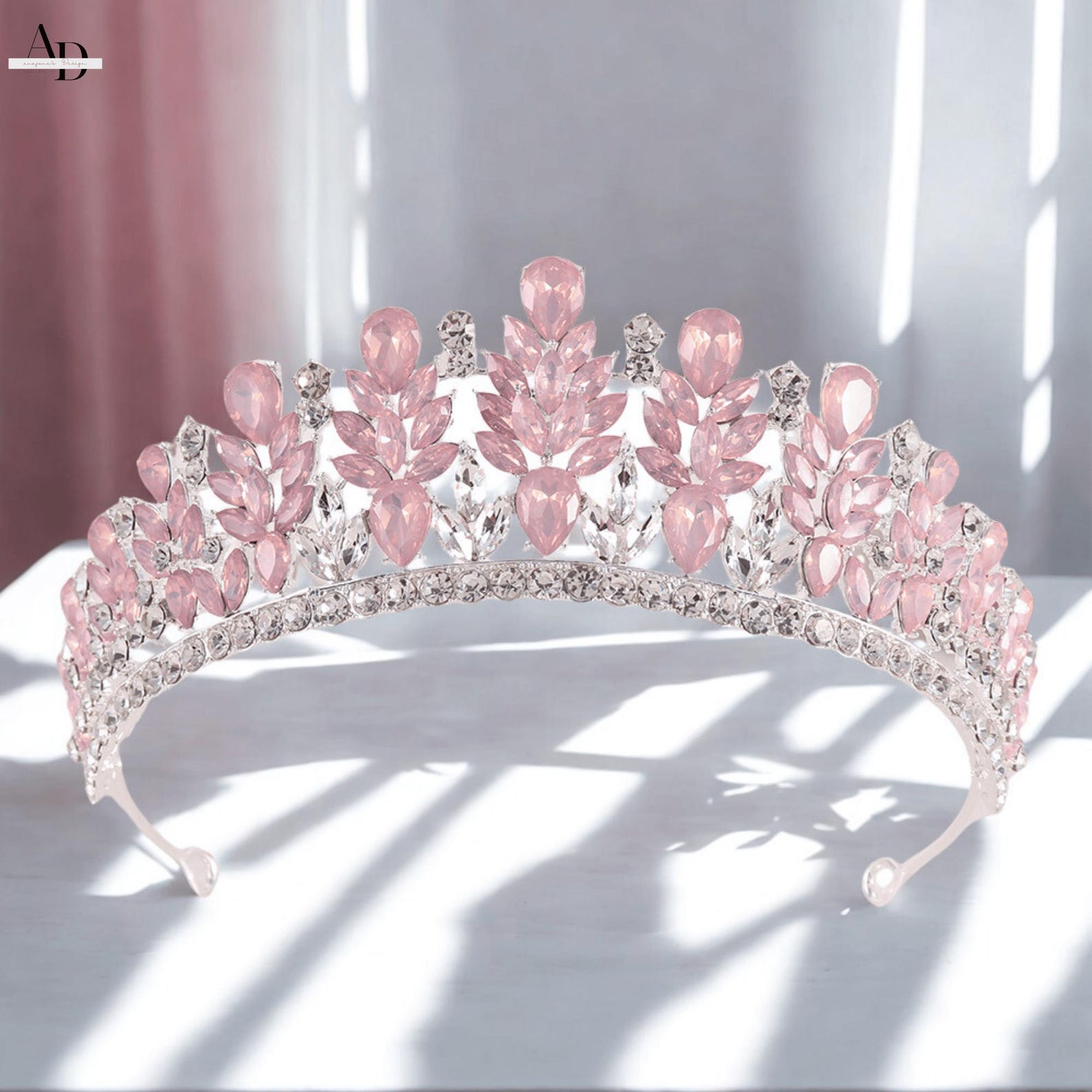 Bridal Pink Tiara in Silver - White Gold Crown, Clear Crystal, Faux ...