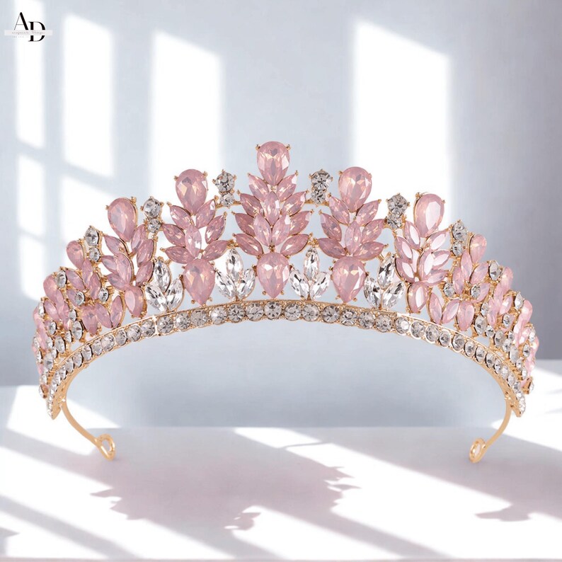 Bridal Pink Tiara in Silver - White Gold Crown, Clear Crystal, Faux ...