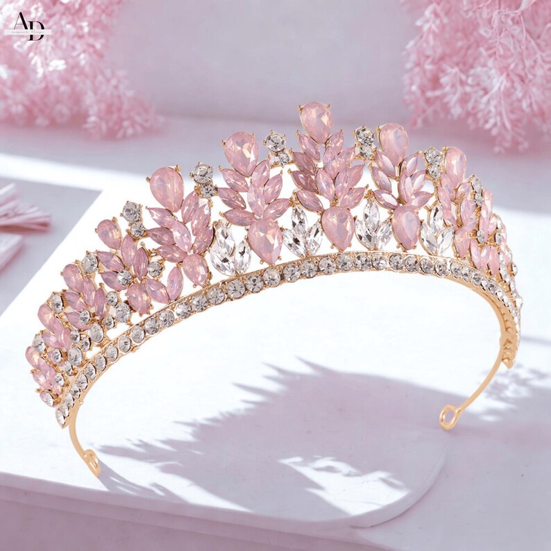 Bridal Pink Tiara in Silver - White Gold Crown, Clear Crystal, Faux ...