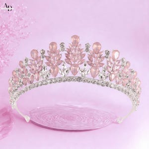 Bridal Pink Tiara in Silver - White Gold Crown, Clear Crystal, Faux ...