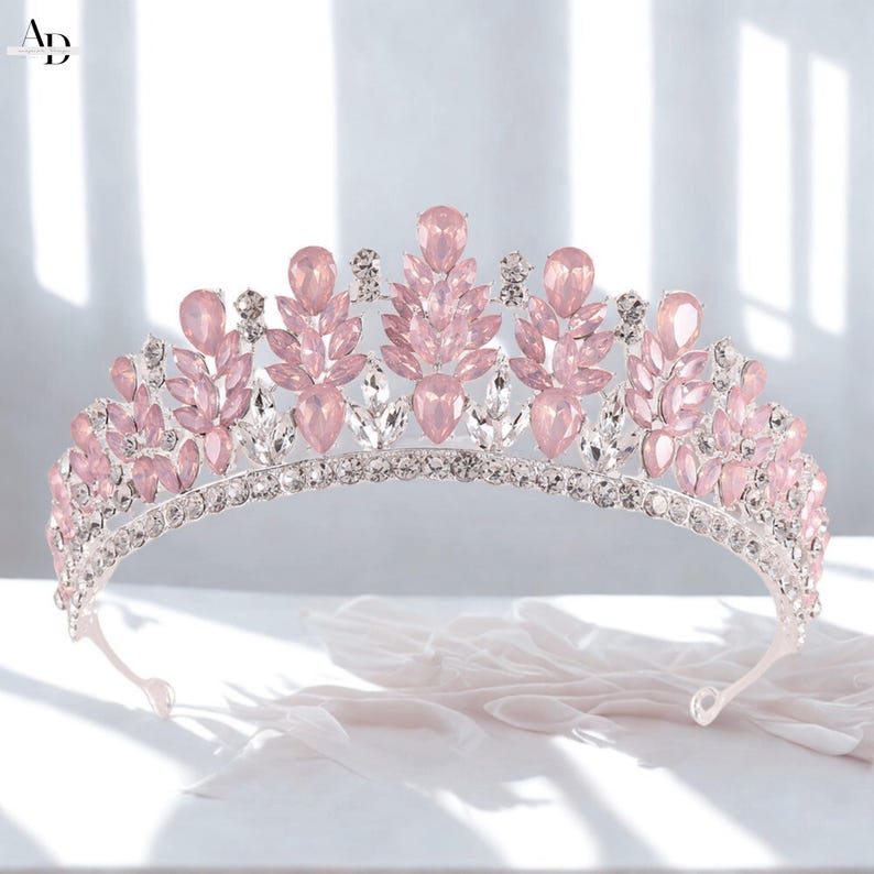Bridal Pink Tiara in Silver - White Gold Crown, Clear Crystal, Faux ...