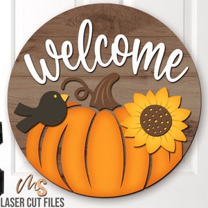 Fall Pumpkin Welcome Sign Svg - Fall Door Hanger Svg - Pumpkin Svg - Sunflower Svg - Laser Cut ...