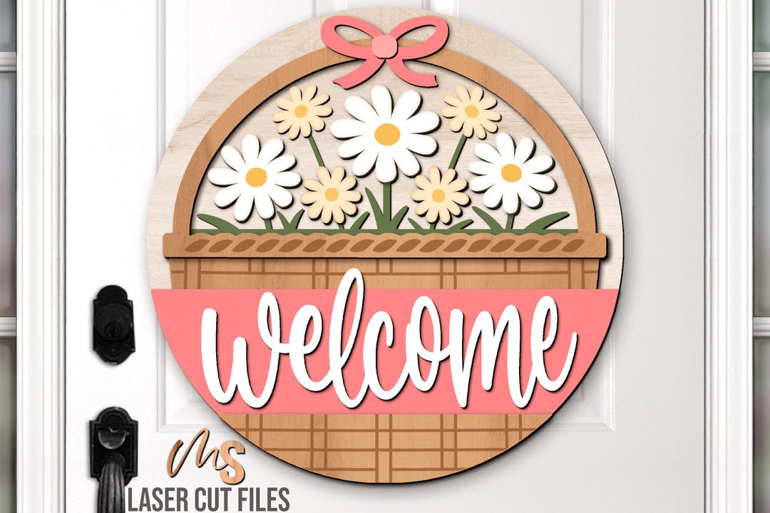 Flower Basket Daisy Welcome Sign Svg - Spring & Summer Door Hanger Svg ...