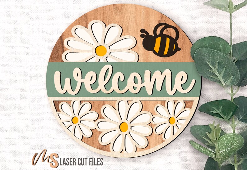 Daisy Bee Welcome Sign SVG - Floral Spring Door Hanger Svg Laser Cut ...