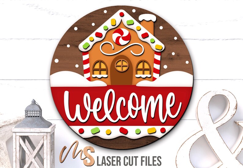 Gingerbread House Christmas Welcome Sign SVG: Christmas Door Hanger ...