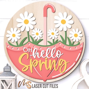 Daisy Hello Spring Door Hanger Svg - Floral Umbrella Welcome Sign Svg ...