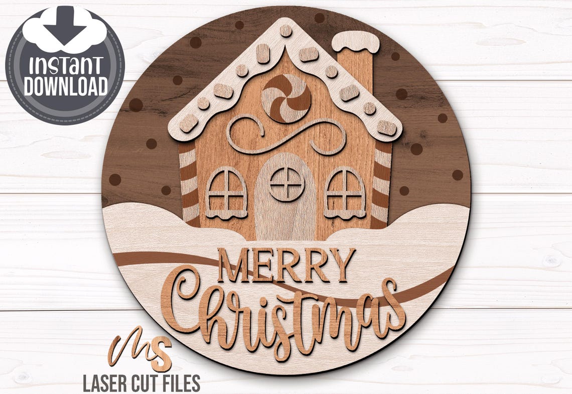Gingerbread House Merry Christmas Sign SVG: Christmas Door Hanger Laser ...