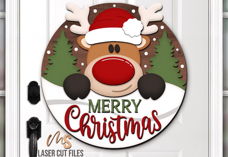 Santa Reindeer Merry Christmas Sign SVG: Christmas Door Hanger Laser ...