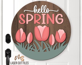 Spring Welcome Sign SVG Tulip Door Hanger SVG Laser Cut Files Spring ...