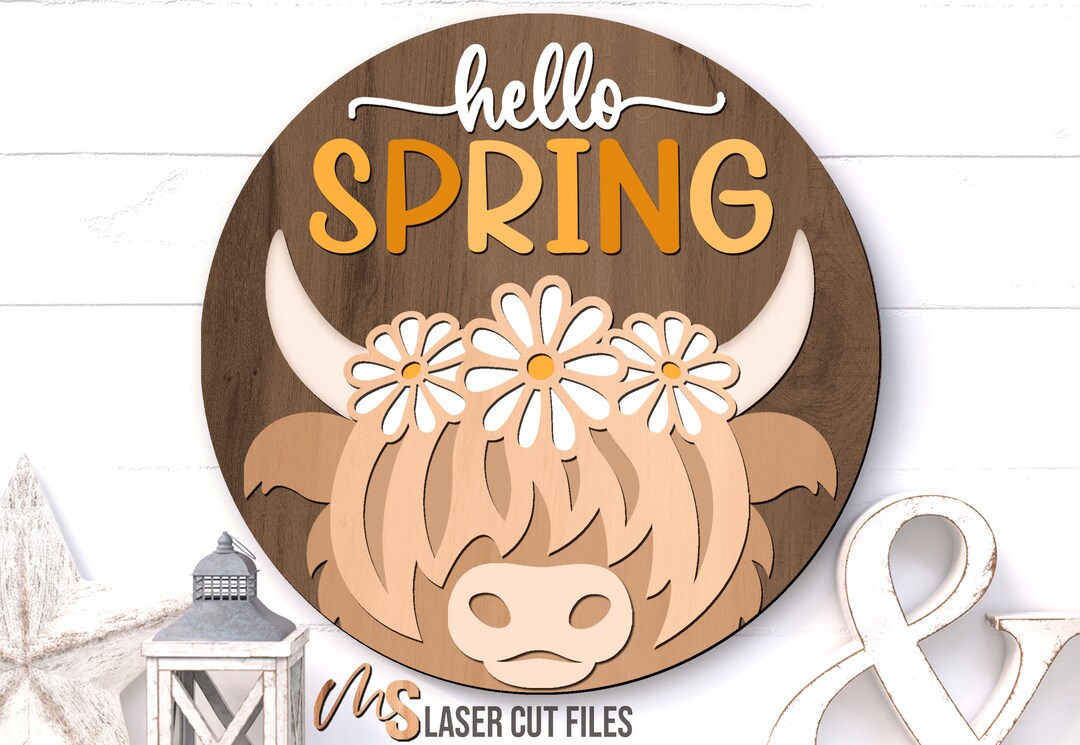 Highland Cow Spring Door Hanger Svg - Spring Welcome Sign Svg - Daisy ...