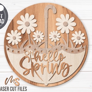 Daisy Hello Spring Door Hanger Svg - Floral Umbrella Welcome Sign Svg ...