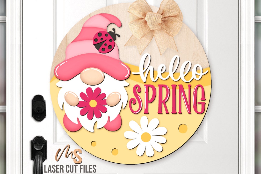 Hello Spring Gnome Door Hanger SVG - Spring Welcome Sign Svg - Spring ...
