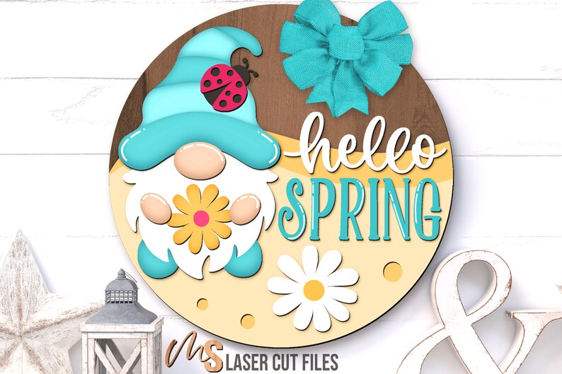 Hello Spring Gnome Door Hanger SVG - Spring Welcome Sign Svg - Spring ...