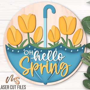 Hello Spring Door Hanger Svg - Floral Umbrella Welcome Sign Svg ...