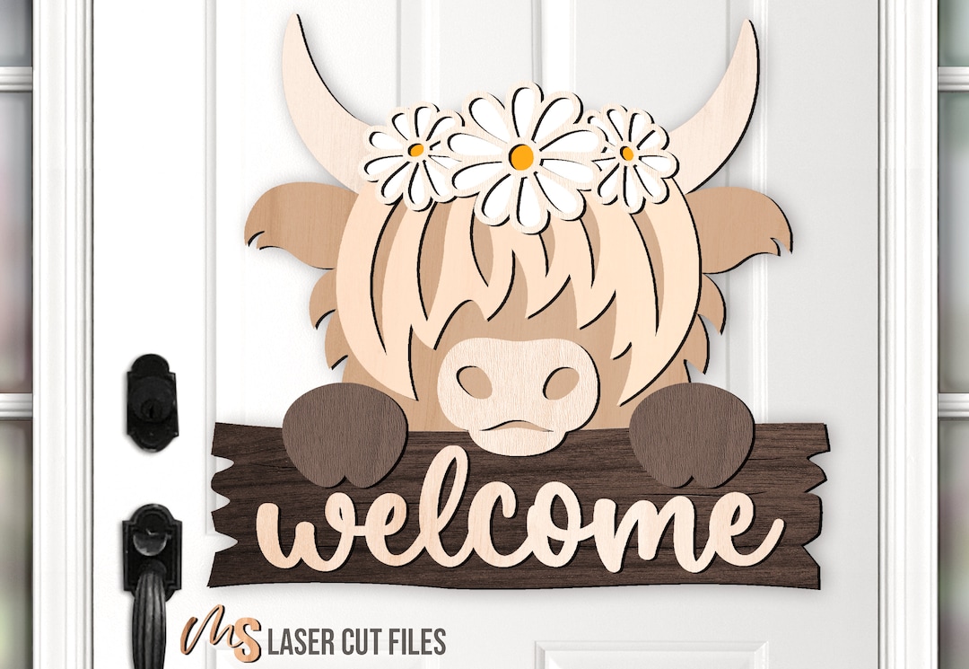 Highland Cow Door Hanger Svg - Welcome Sign Svg - Daisy Svg - Cow Svg ...