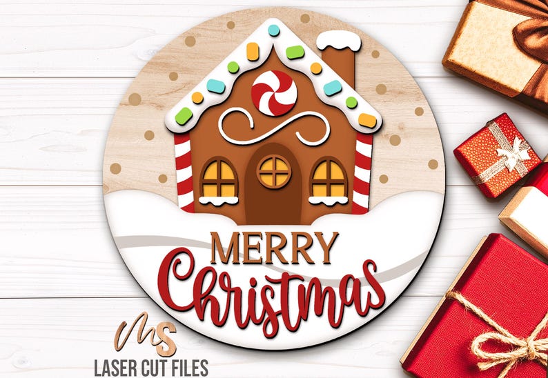 Gingerbread House Merry Christmas Sign SVG: Christmas Door Hanger Laser ...