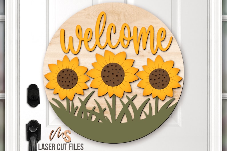 Sunflower Welcome Sign SVG: Sunflower Door Hanger Laser Cut Files ...