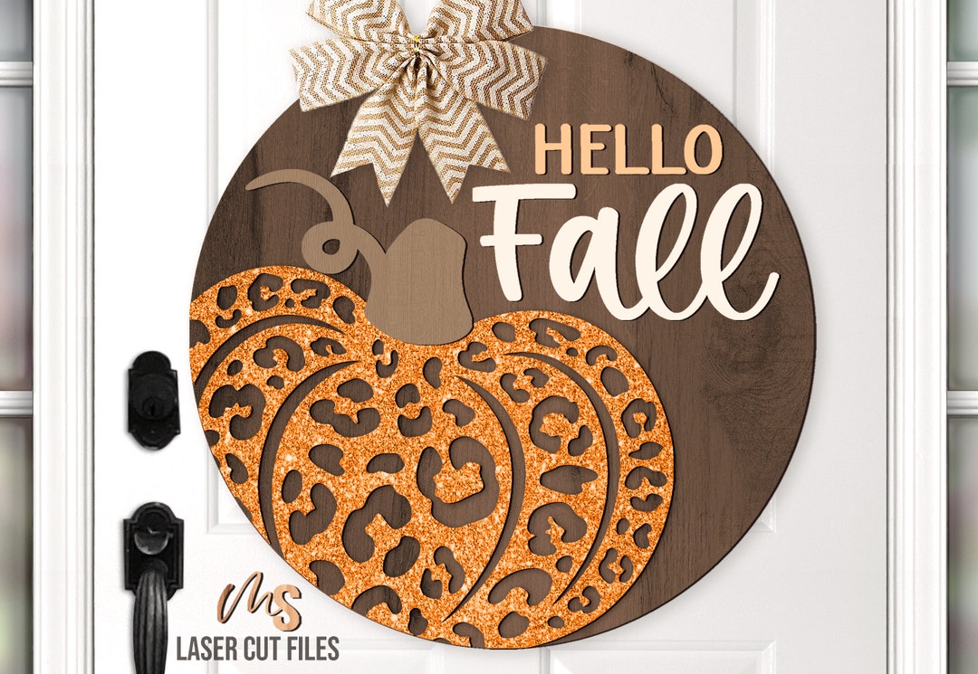 Hello Fall Door Hanger SVG - Leopard Print Pumpkin Svg - Fall Welcome ...