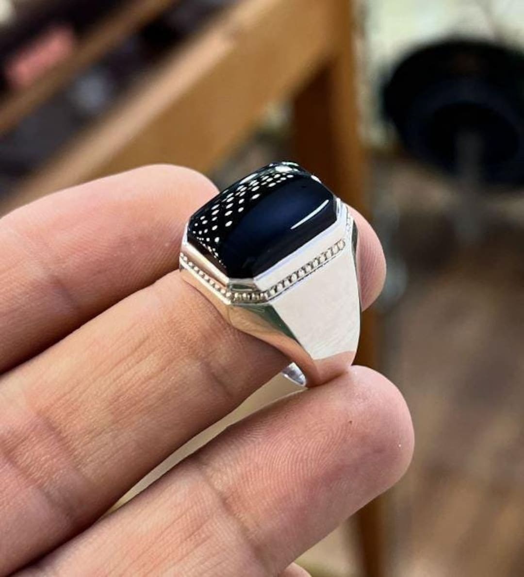 Square Shape Natural Black Agate Sterling Silver 925 Handmade Ring Real ...