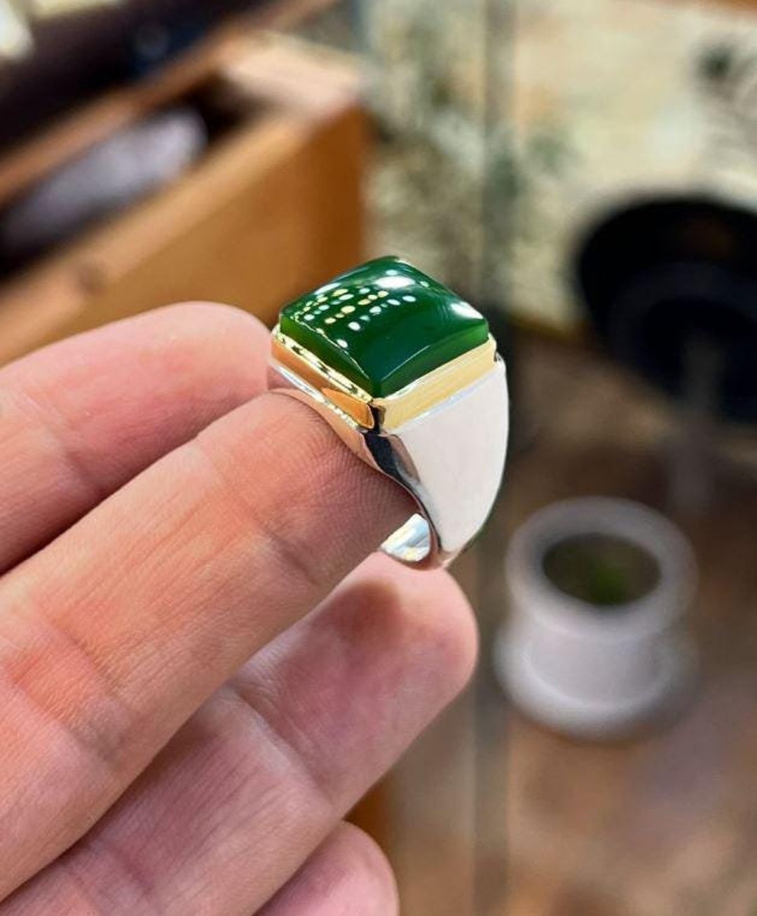 Square Shape Real Green Agate Sterling Silver 925 Handmade Ring Natural ...