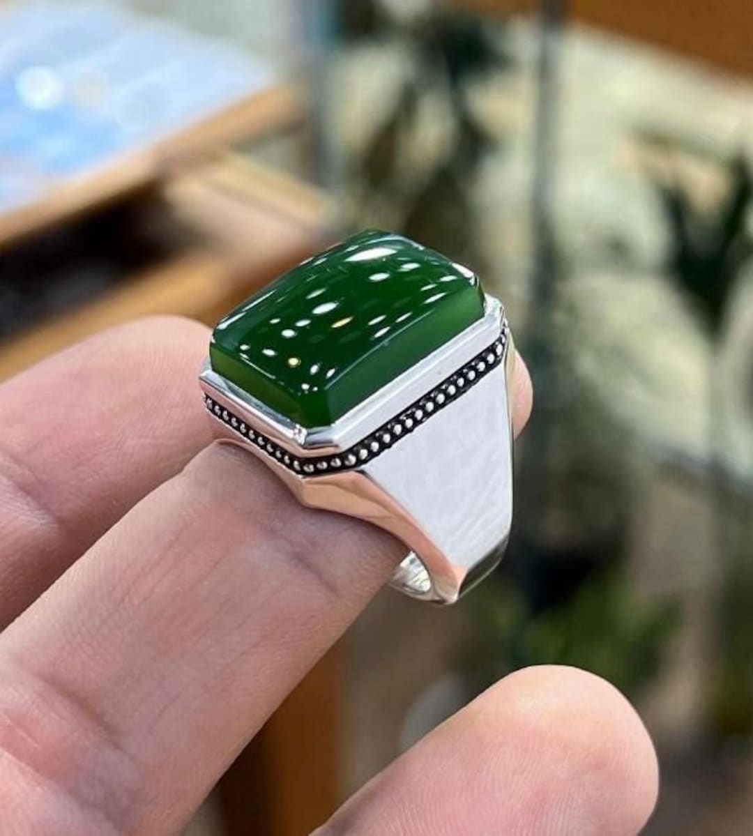 Handmade Sterling Silver Green Agate Ring - Square Aqeeq Mens Ring - Etsy