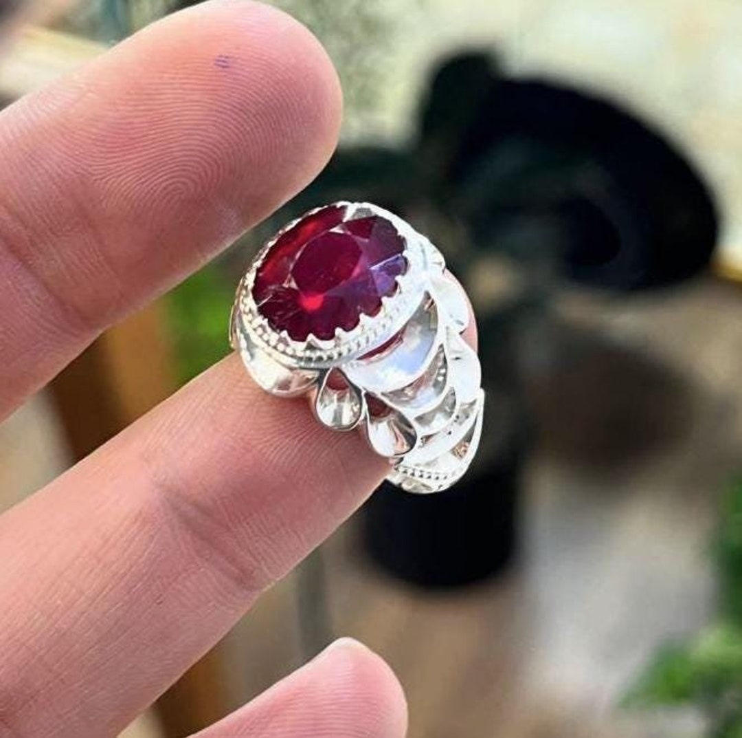 6 Carat Natural Red Ruby Sterling Silver 925 Handmade Ring, Beautiful Pure Red Ruby Mens Ring ...