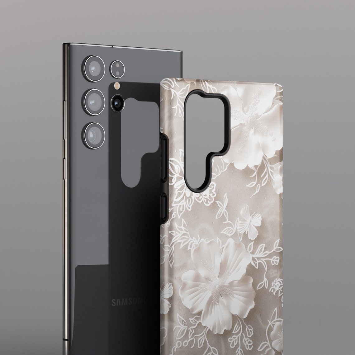 Elegant Vintage White Lace Floral Design for Samsung Galaxy S20, S21, S22, S23, S24 Ultra, Plus ...