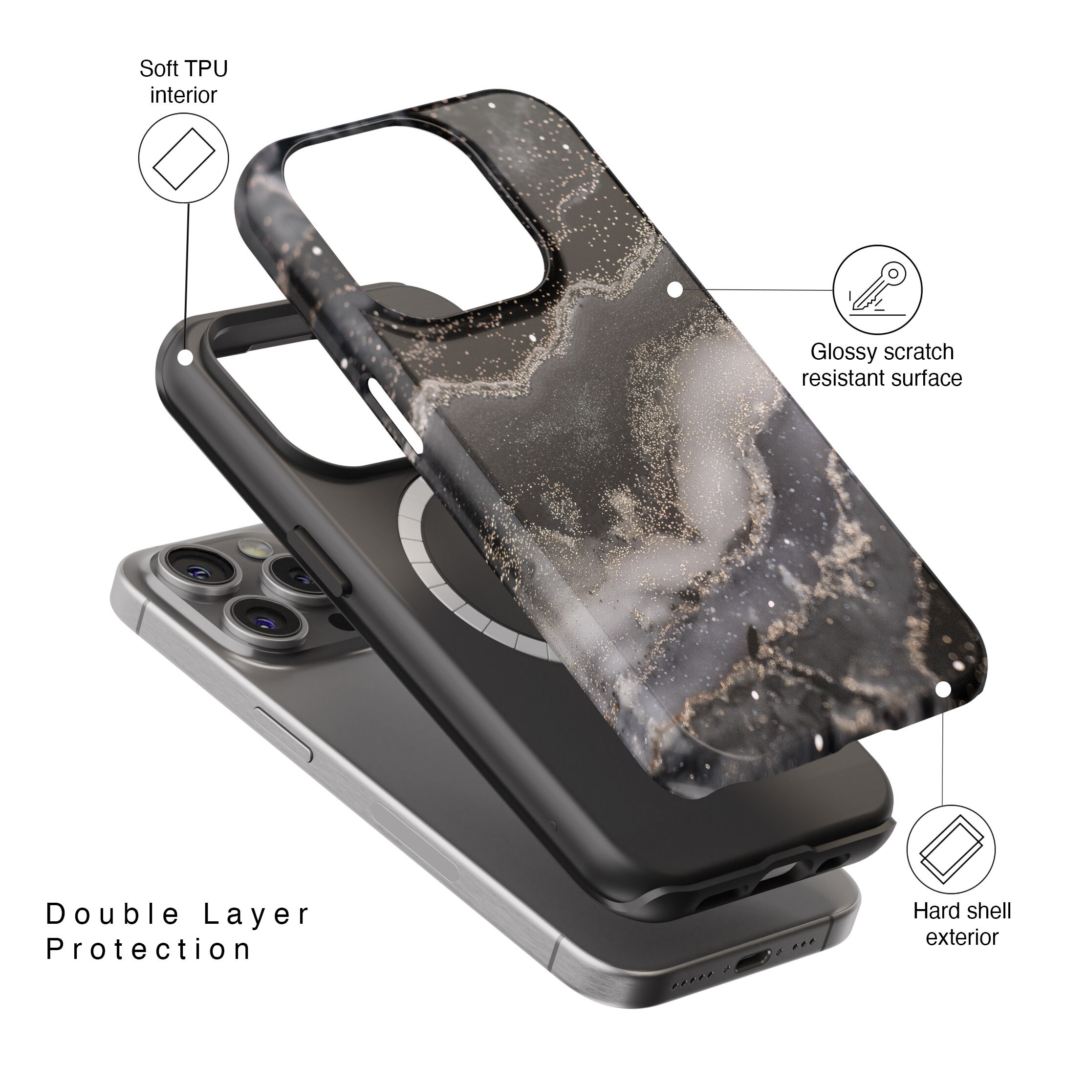 Personalized Luxury Black Marble Texture iPhone Case With Magsafe for ...
