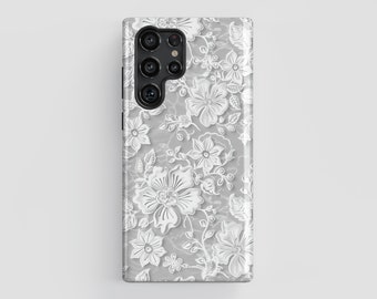 Elegant Vintage White Lace Floral Design for Samsung Galaxy S20, S21, S22, S23, S24 Ultra, Plus ...