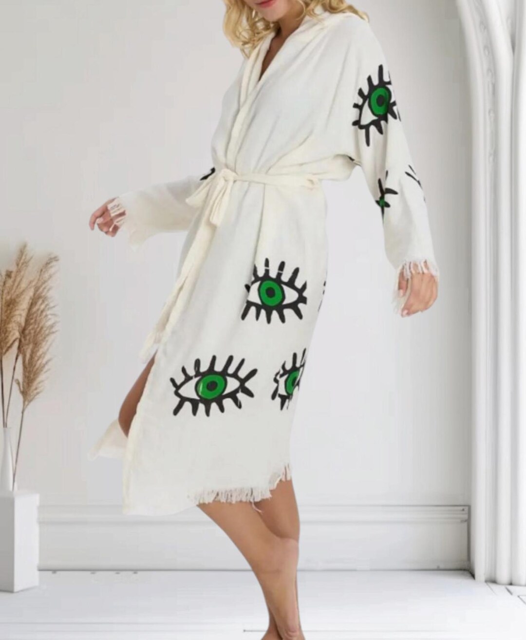 Boho Morning Robe, Evil Eye Bathrobe Organic Cotton Spa Robe, Bridal ...