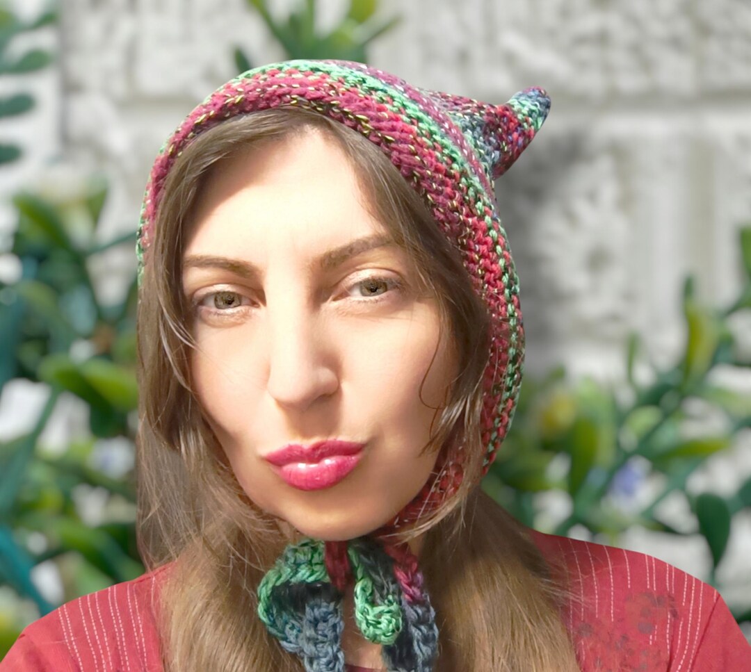 Knit Cat Bonnet Knit Adult Bonnet Wool Hat Multicolor Patchwork ...