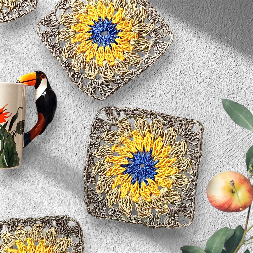 Granny Square Mats, Set of 6 Straw Coaster, Raffia Motif Granny Square ...