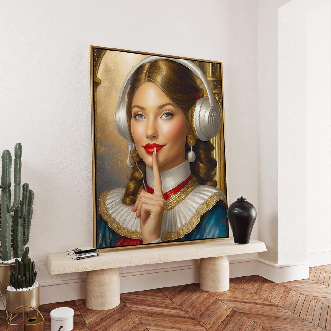 Pop Renaissance Girl – Headphones and 'shhh' Pose – Digital Art Print ...