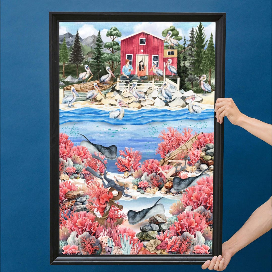 Pelican Artwork Under Water Reef Coral Print, Beach Artwork Ocean Lover ...