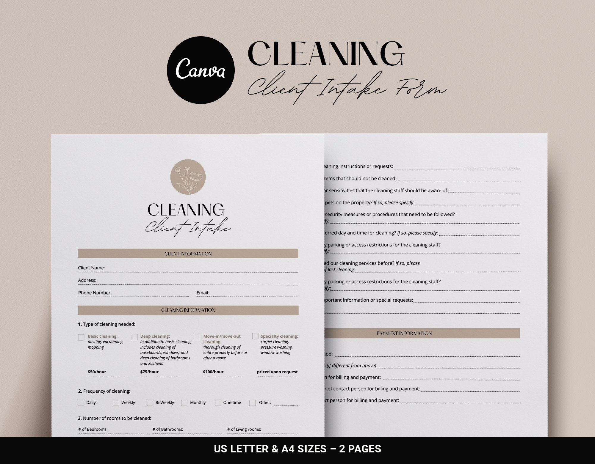 Cleaning Service Client Intake Form Template, Business Forms, Editable ...