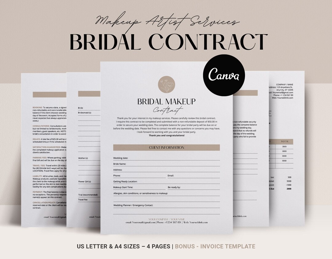 Editable Bridal Makeup Contract Template, Makeup Artist Contract, MUA ...