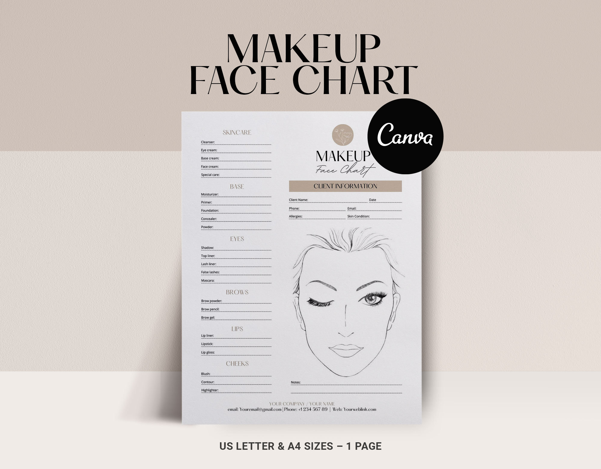 Editable Makeup Artist Face Chart Template Freelance Artist - Etsy