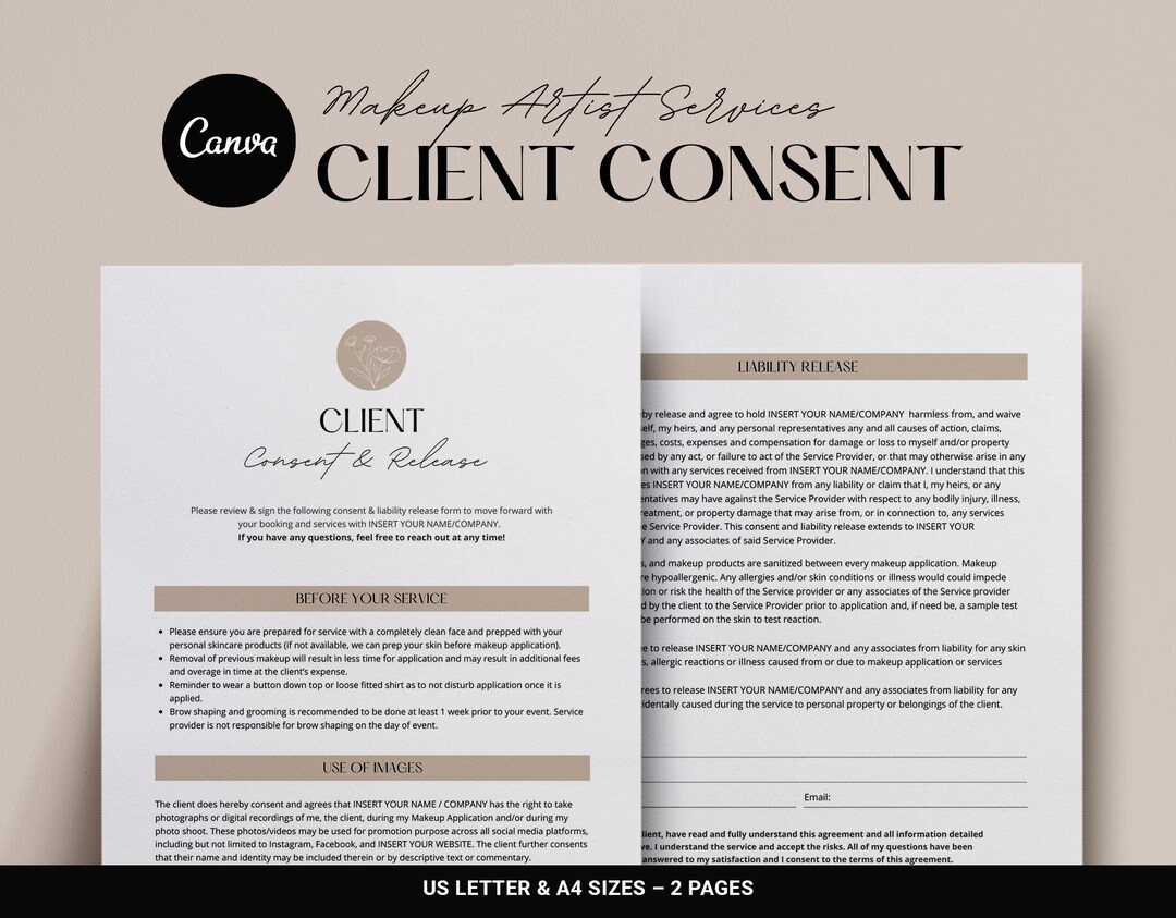 Makeup Artist Client Consent Forms, Editable Photo Release Form ...