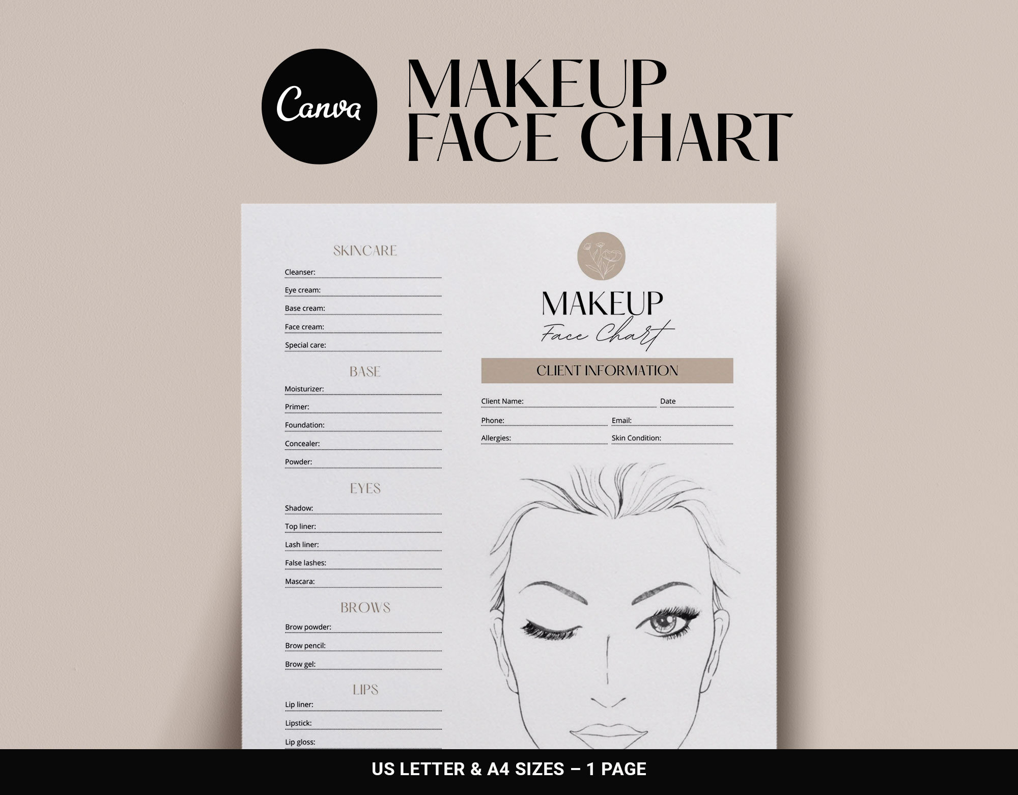 Professional Makeup Artist Face Chart Template, Editable Freelance ...